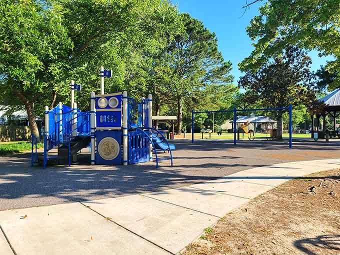 Modern playground equipment in cheerful blue tones creates an inviting space for endless childhood adventures and memories.