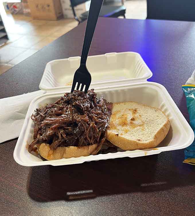Pulled brisket piled high on bread, proving that some sandwiches are worth the inevitable napkin situation.