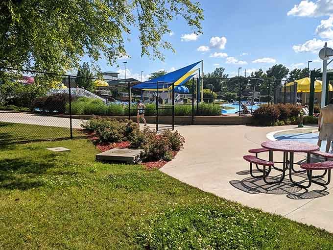Manicured lawns and picnic tables prove that thoughtful planning makes all the difference in community spaces like this.