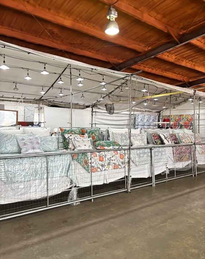Quilts and pillows stacked like a textile tower, ready to make every couch in Texas infinitely more comfortable.