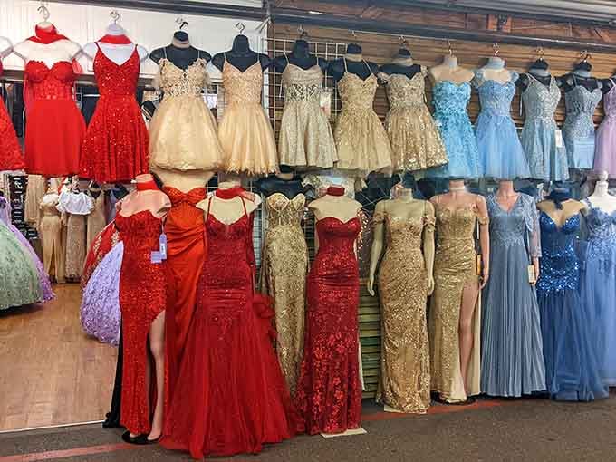 Sequined gowns sparkle under the lights, ready to make someone's prom or special occasion absolutely unforgettable.