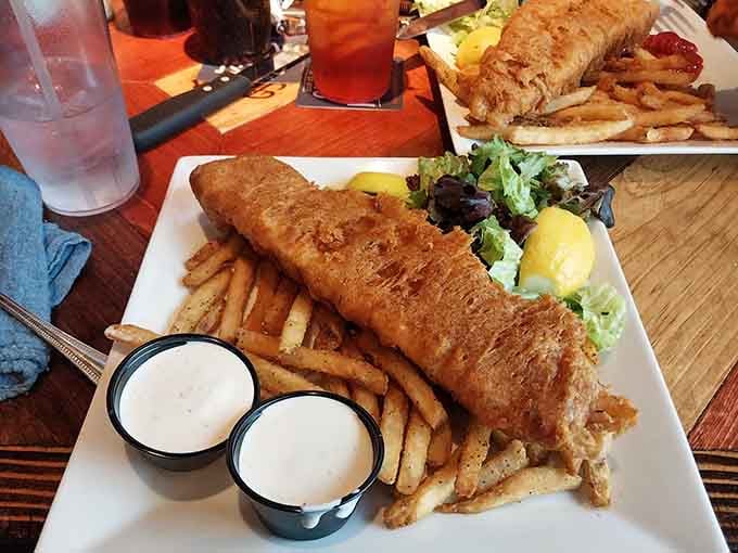 Fish and chips this size could feed a small family or one very determined person with priorities.