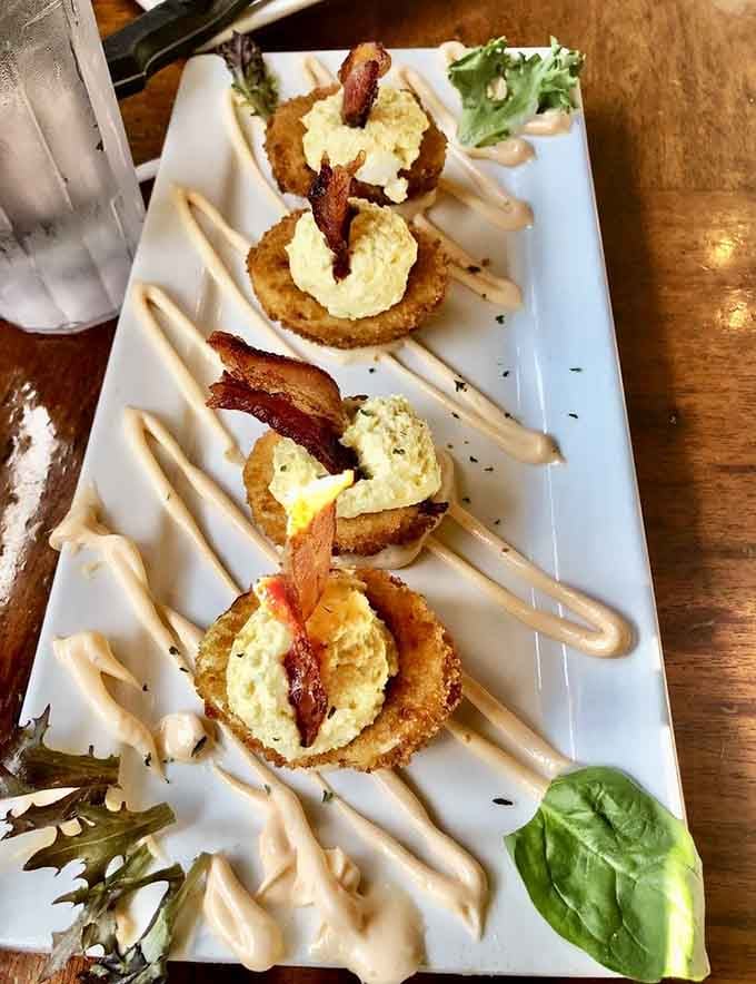 Crispy deviled eggs lined up like edible works of art, because sometimes breakfast needs to look this good.