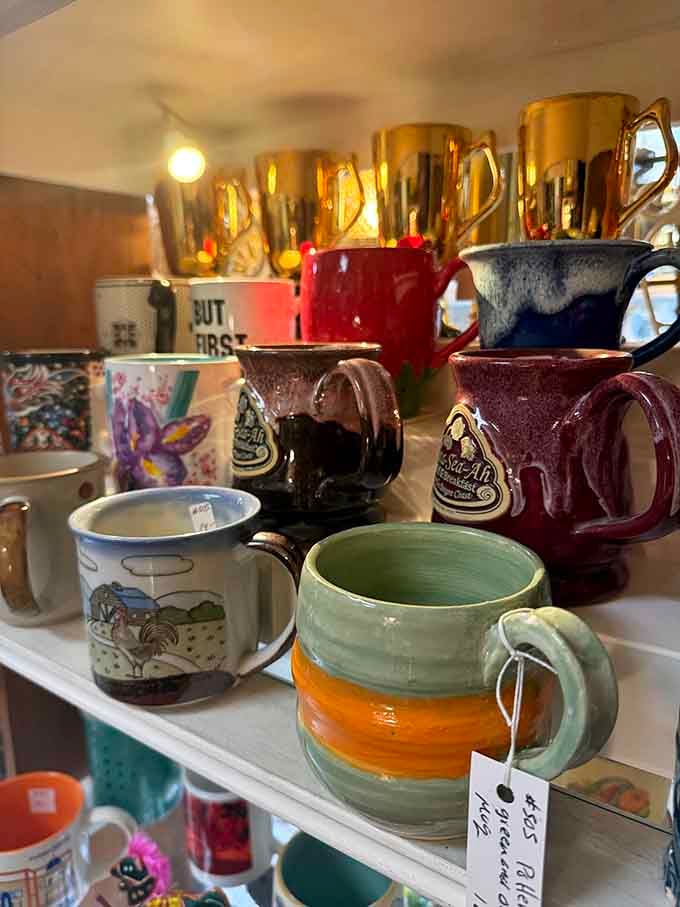 Mugs with personality line the shelves, each one more charming than your current boring coffee cup.