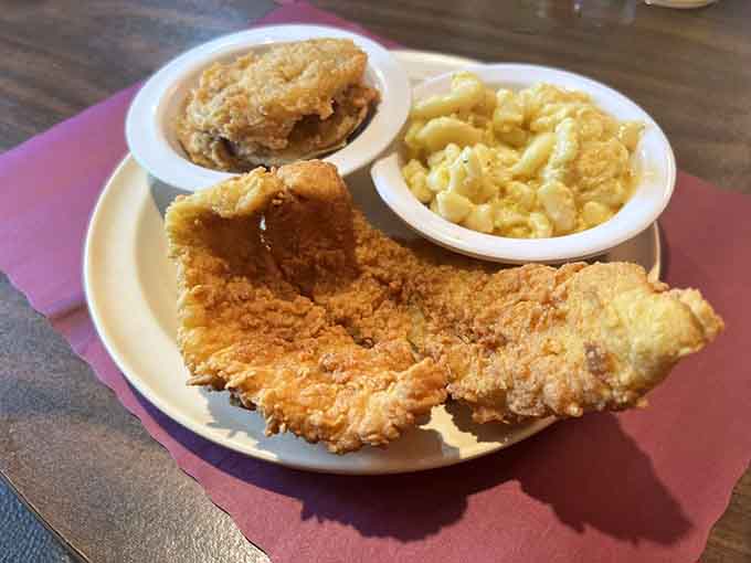 Flounder fried to perfection with mac and cheese that's creamier than any childhood memory you've been holding onto.
