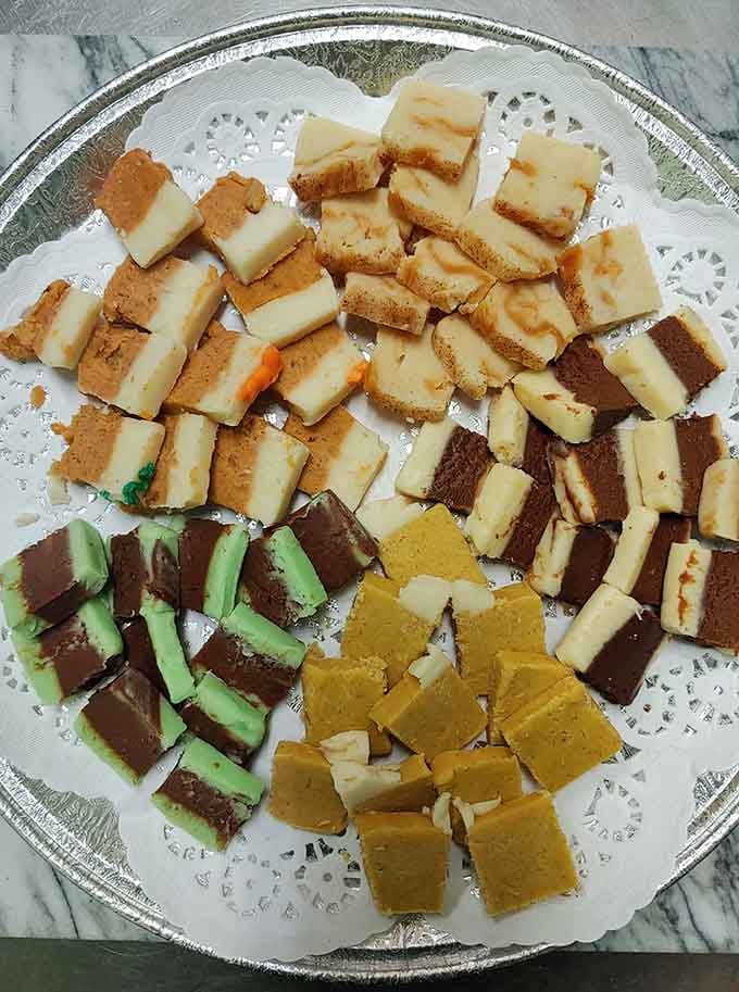 This fudge platter showcases the rainbow of flavors available, from mint to peanut butter to pure chocolate bliss.