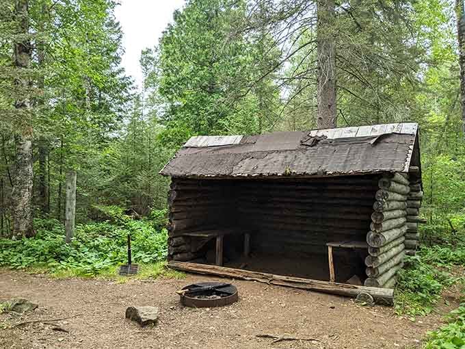 This rustic log shelter stands as a testament to simpler times, offering respite for weary hikers.