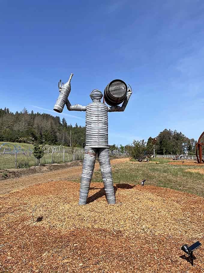 Lost in Space called and wants their robot back, but this metallic figure seems perfectly happy celebrating under blue skies.