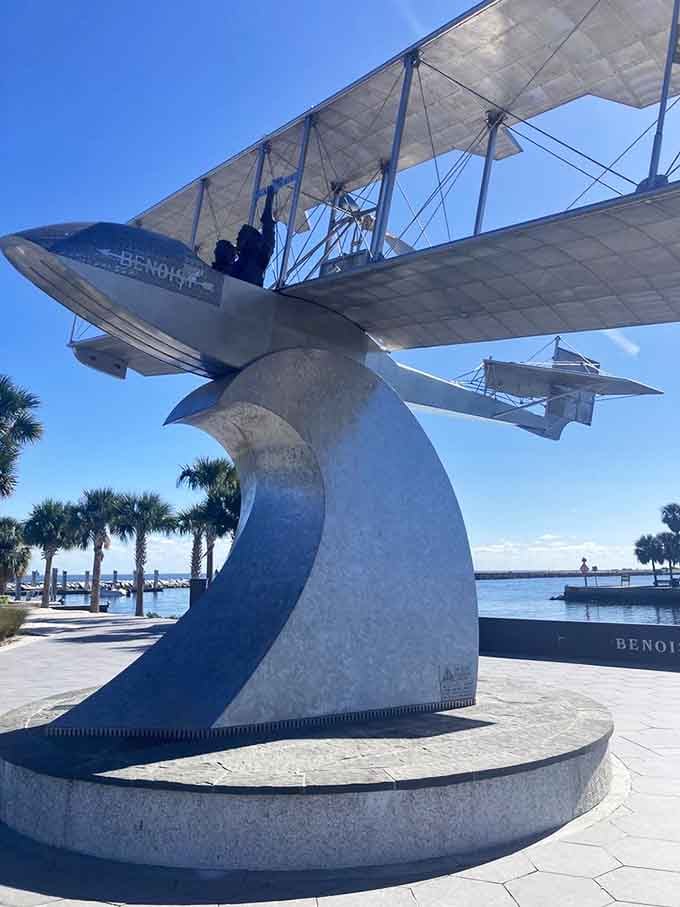 The Benoist airplane sculpture nearby honors St. Petersburg's aviation history, because this pier area has stories to tell.