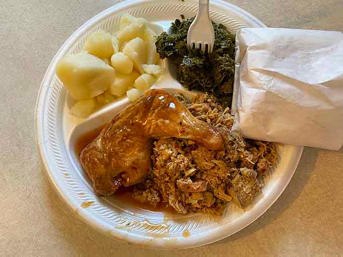This plate of smoked chicken, boiled potatoes, and greens proves that simple Southern cooking is anything but ordinary when done right.