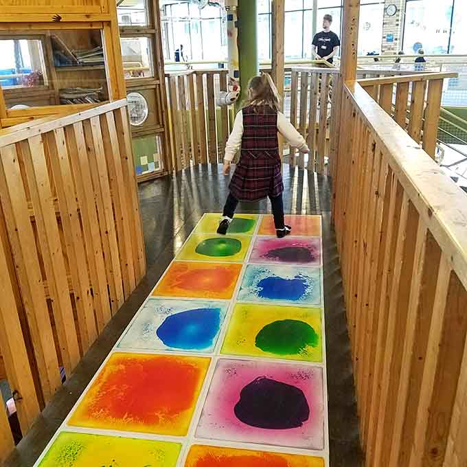Walking on liquid rainbows beats any hopscotch game your generation ever played on cracked sidewalks back in the day.