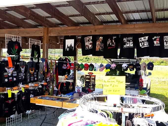 T-shirts and caps lined up like a rock concert merchandise table, minus the overpriced arena markup and warm beer.