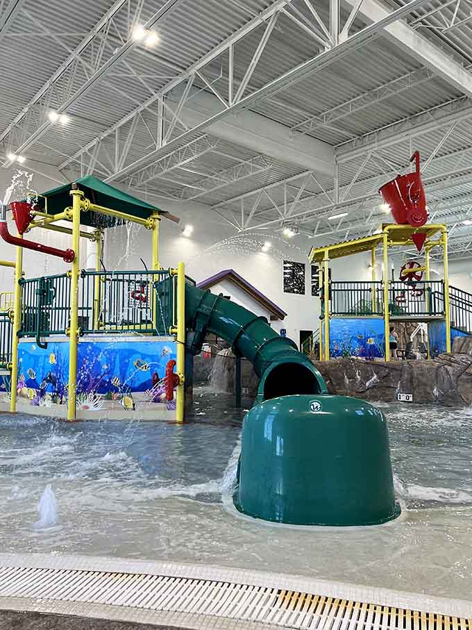 Multiple slides and spray features create a water playground that makes regular playgrounds look tragically dry and boring.