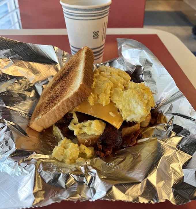 When your breakfast sandwich needs its own foil wrapper just to contain the deliciousness, you're doing something right.