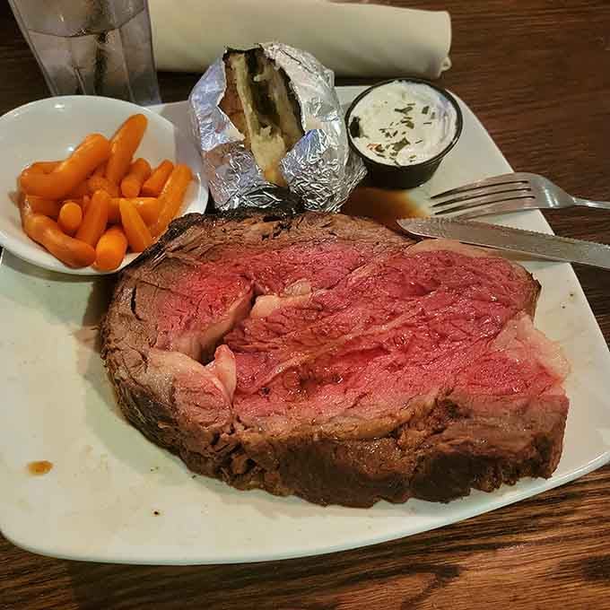 That prime rib could make a vegetarian weep, served gloriously pink with all the classic steakhouse accompaniments.