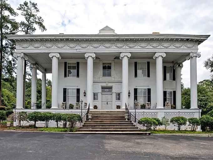 Lookaway Hall's grand columns and ornate details suggest Hamburg once had aspirations far grander than its current ghostly reality allows.