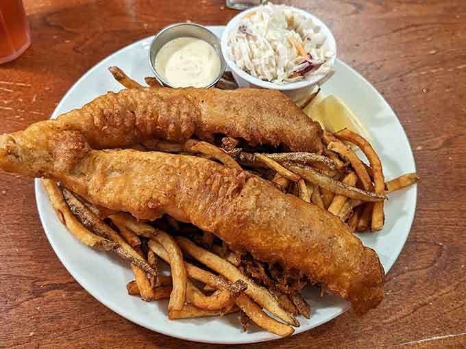 Crispy, golden fish and chips that prove lunch here is just as impressive as the breakfast everyone's raving about.