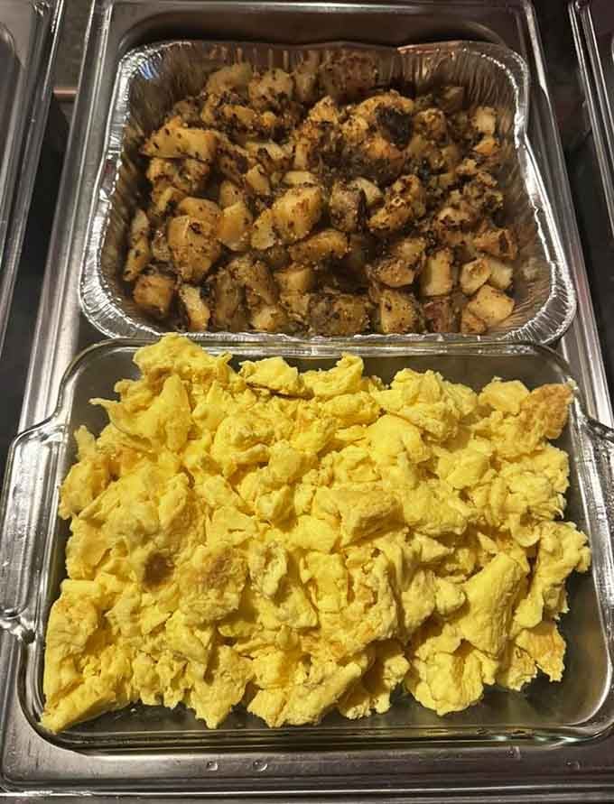 Fluffy scrambled eggs and perfectly crisped home fries, proving simple done right beats fancy every time.