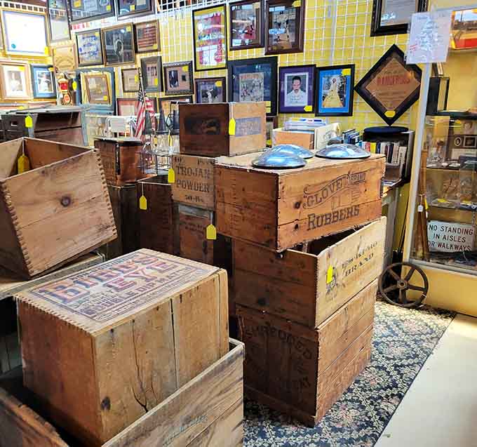 Wooden shipping crates bearing vintage labels remind us when products traveled with more character than cardboard boxes.