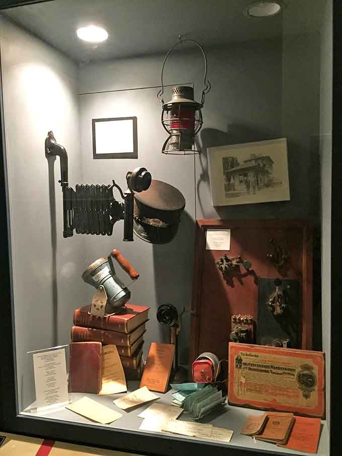 Authentic railroad artifacts and tools that actual workers used, not reproductions gathering dust behind boring glass cases everywhere.