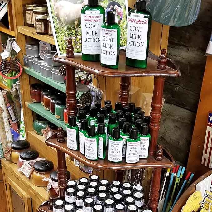 Goat milk lotions line the shelves like nature's answer to keeping your skin happy in mountain weather.