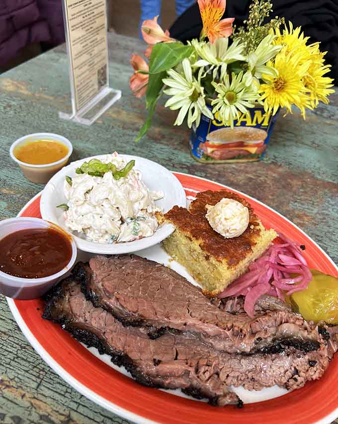 That brisket bark and cornbread combo will make you forget every diet you've ever attempted or considered.