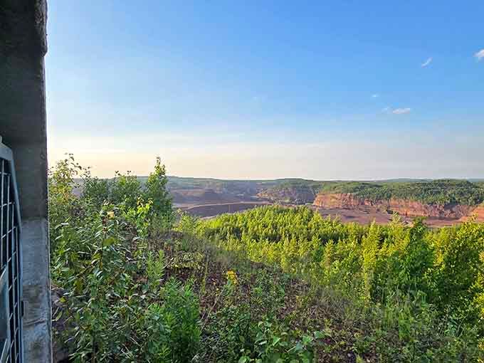 From this vantage point, those massive mining trucks down below look like toys from a particularly ambitious sandbox.