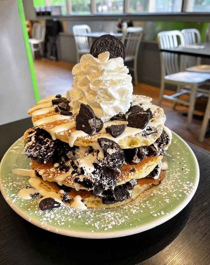 When pancakes wear Oreo cookies like jewelry, you know breakfast just became a full-contact sport.