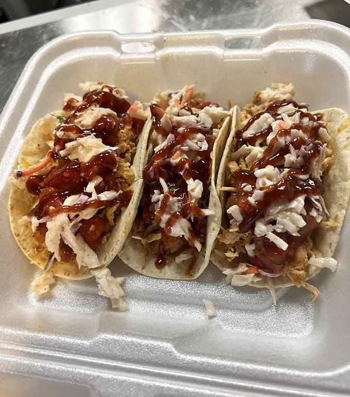 BBQ tacos drizzled with sauce and topped with slaw: because why should Mexican food have all the fun?