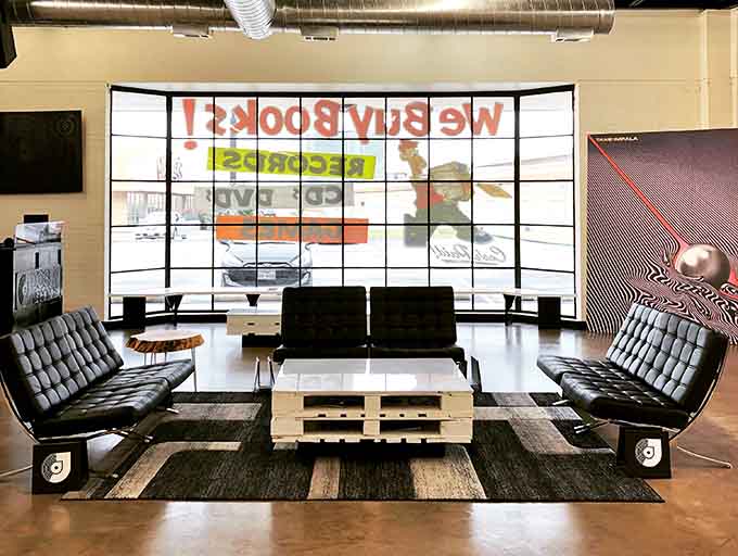 This lounge area proves that record shopping should be comfortable, not a cardio workout for your feet.