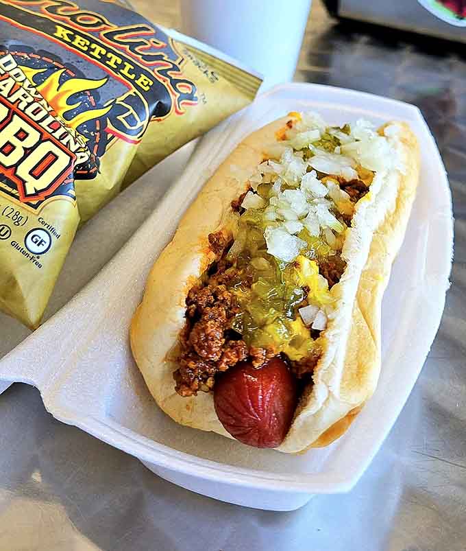 A proper coney dog with chili, onions, and mustard is comfort food that doesn't require a fancy explanation.