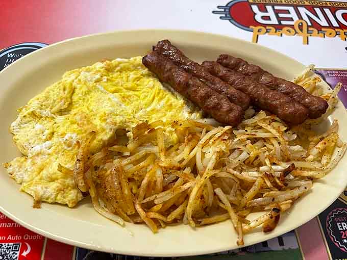 Hash browns cooked to crispy perfection with eggs and sausage make mornings worth waking up for early.