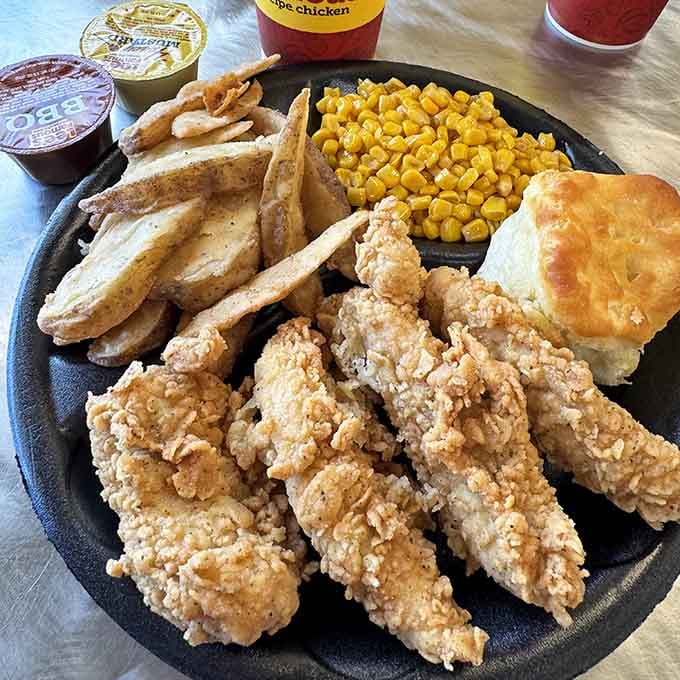 Chicken strips, fries, corn, and a biscuit; basically the Mount Rushmore of comfort food on one plate.
