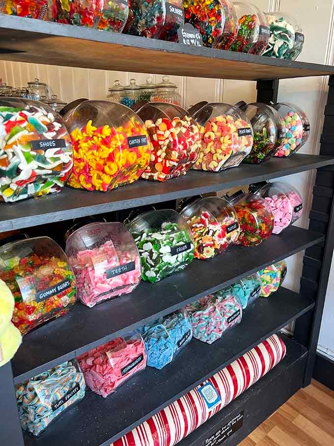 Gummy candies in glass jars create a rainbow that tastes infinitely better than any pot of gold.