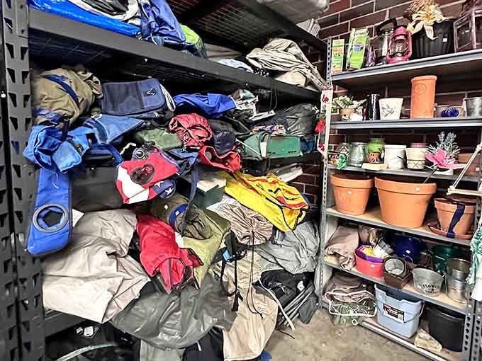 Camping gear and gardening supplies share shelf space in a colorful jumble of outdoor adventure possibilities.