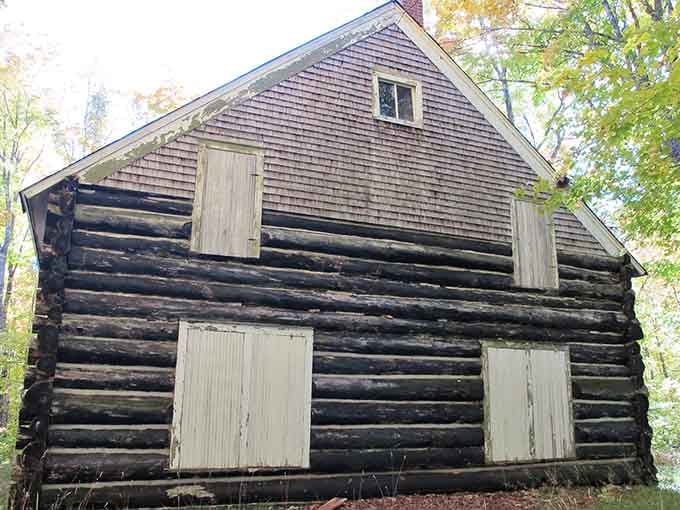 Log construction meets modern decay in this structure where horizontal lines tell stories of craftsmanship that deserved better longevity.