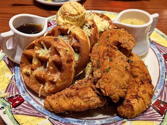Fried chicken meeting waffles with sweet maple syrup as a witness, this is the breakfast summit we all needed.