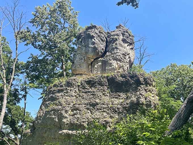 Ancient limestone formations rise dramatically skyward, looking like something straight out of a Western movie set, not the Midwest.