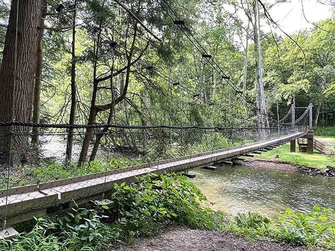 A swinging bridge over the Clear Fork that's sturdy enough for adventure, gentle enough for grandkids.