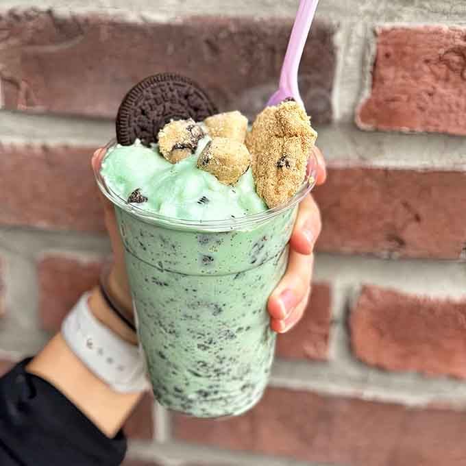 Mint chip shake topped with cookie magic looks like something from your sweetest dreams, minus the allergen nightmares.