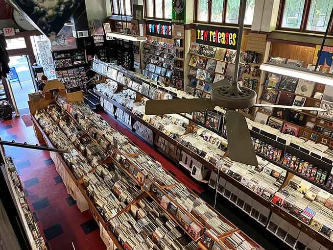 The bird's-eye view reveals what heaven looks like: endless aisles of music stretching toward infinity and beyond.