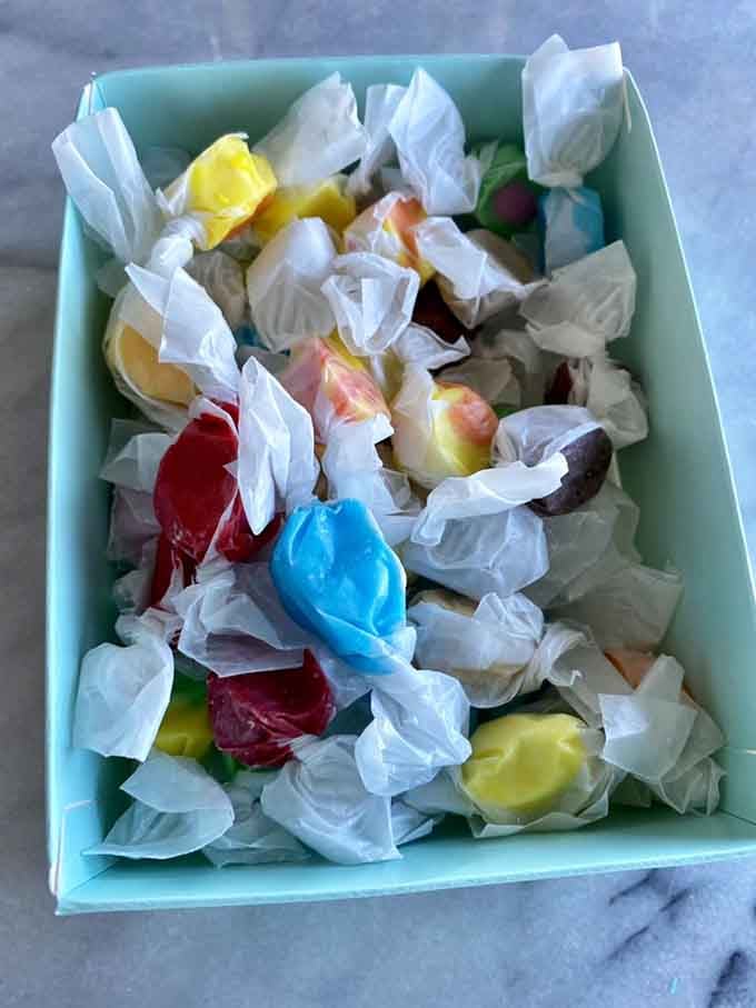 Salt water taffy in a turquoise box, wrapped like tiny presents you'll definitely give yourself permission to open.
