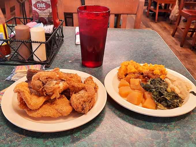 That fried chicken looks like it could win awards, paired with sweet tea and vegetables your grandmother would approve of.