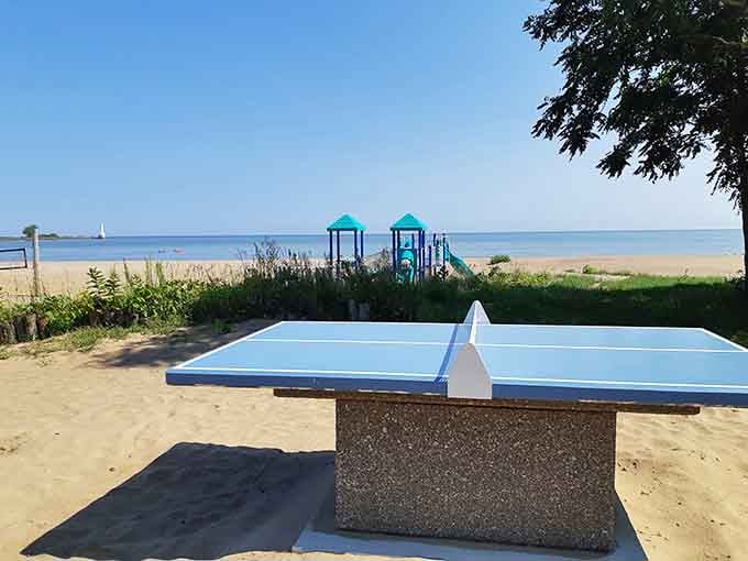 Beach ping-pong with a Lake Erie backdrop beats your basement table setup by approximately a million points.