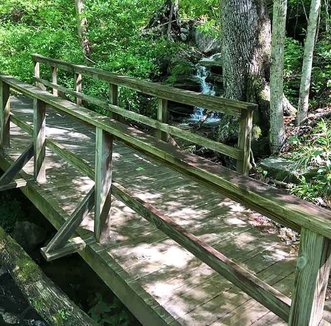 This charming bridge crosses a creek where water flows year-round, providing the perfect soundtrack for your woodland stroll.