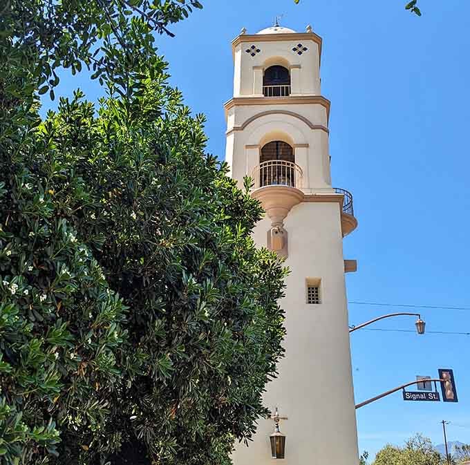 The bell tower stands tall like Ojai's lighthouse, guiding visitors to downtown's treasures instead of ships to shore.