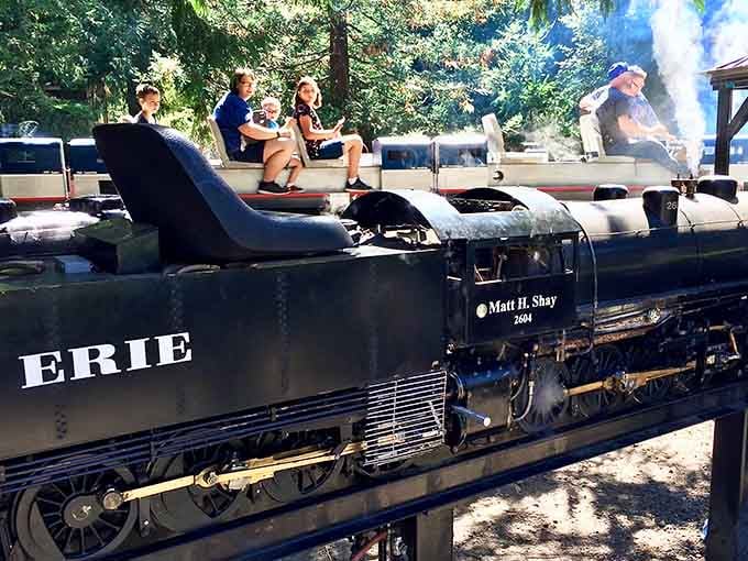 This impressive steam locomotive, complete with "ERIE" lettering, carries delighted passengers who've discovered the joy of miniature railroading.