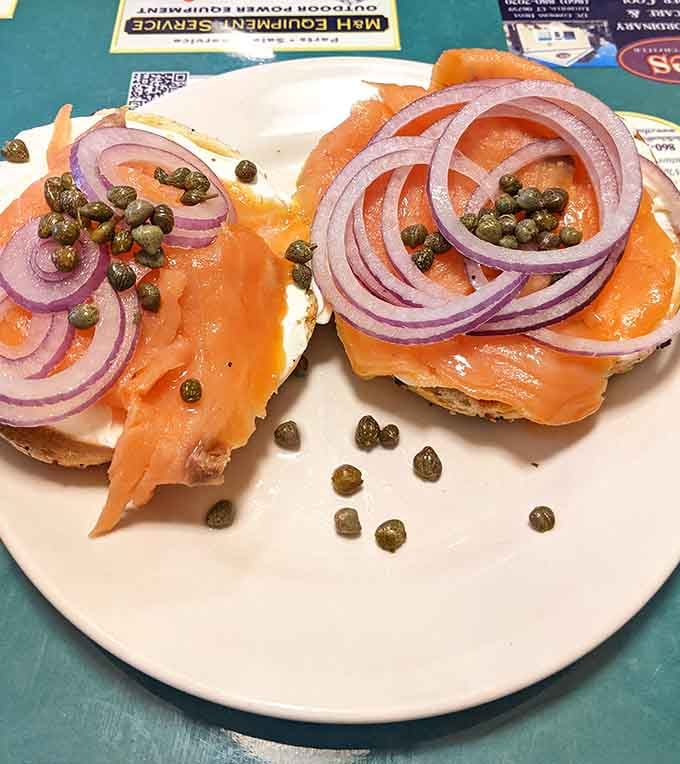 Smoked salmon, cream cheese, capers, and red onion on a bagel: the breakfast of champions and smart people.