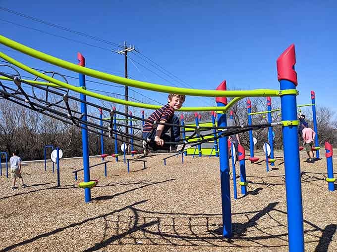Kids swarm this rope climbing structure like determined mountaineers, each one convinced they're the next great explorer.