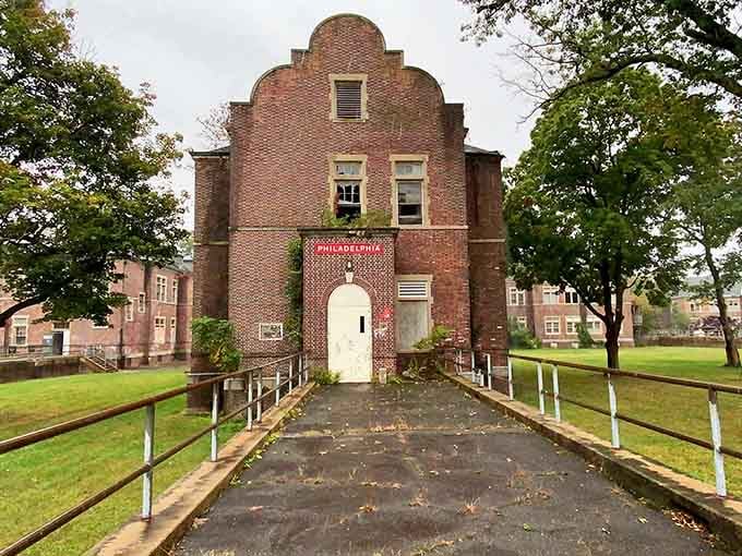The Philadelphia Hall entrance stands as a monument to an era of institutional care gone wrong.